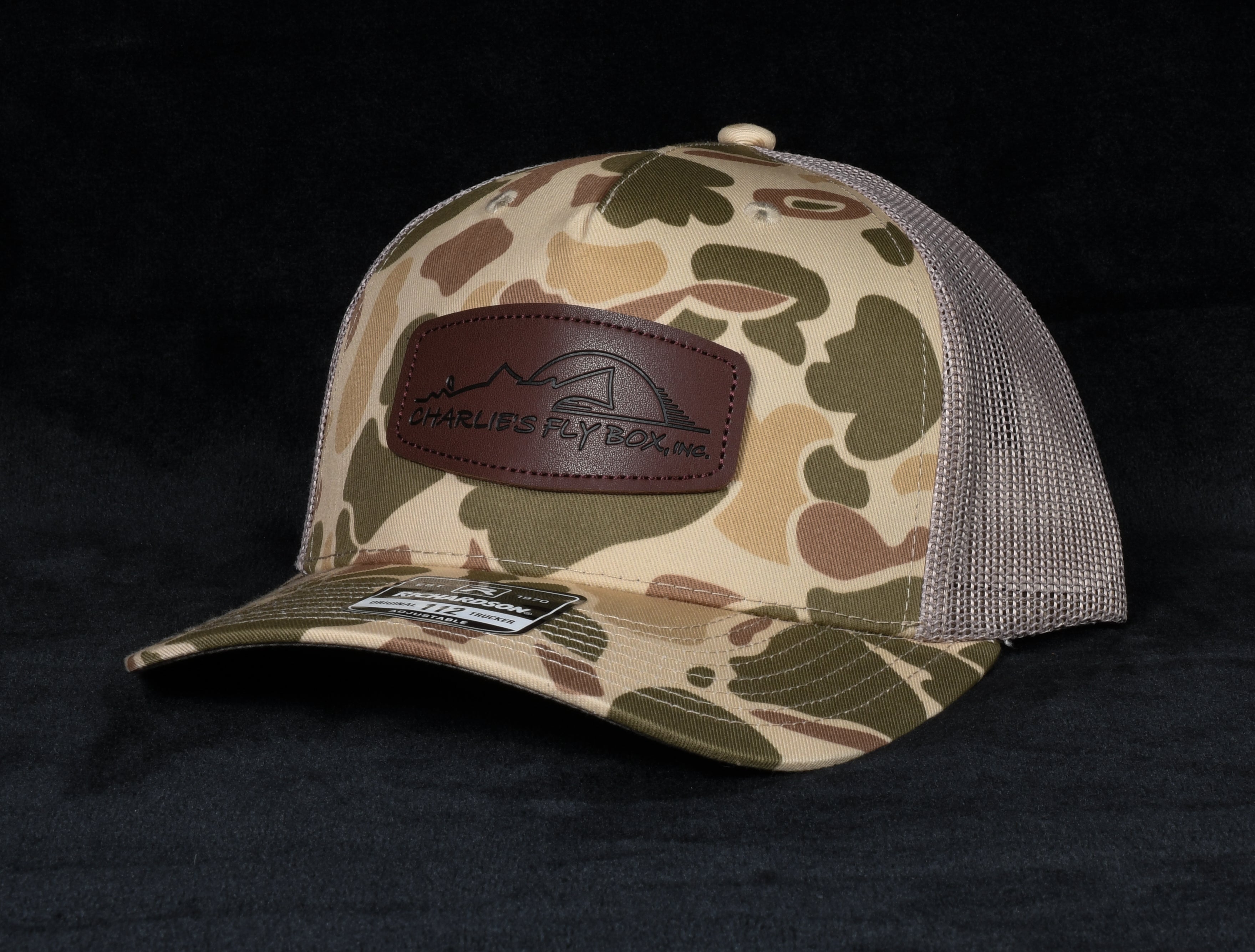 CFB Trucker Hat, Tan Camo with Leather Patch Logo – charliesflybox